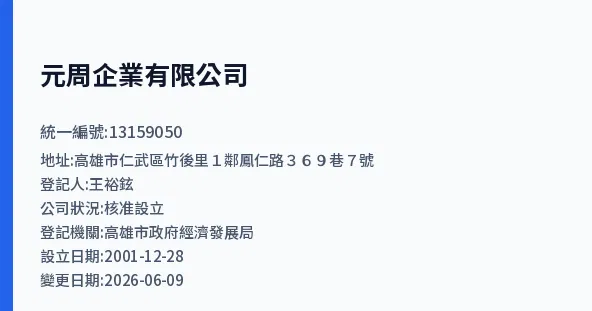 元周企業有限公司的照片-統編 13159050(高雄市) 公司登記資料與營業項目詳細圖表