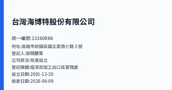 台灣海博特股份有限公司的照片-統編 13160866(高雄市) 公司登記資料與營業項目詳細圖表