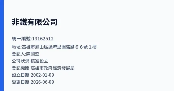 非鐵有限公司的照片-統編 13162512(高雄市) 公司登記資料與營業項目詳細圖表