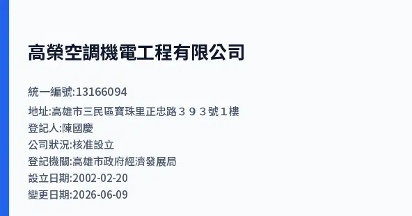 高榮空調機電工程有限公司的照片-統編 13166094(高雄市) 公司登記資料與營業項目詳細圖表