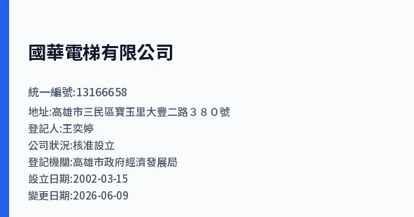 國華電梯有限公司的照片-統編 13166658(高雄市) 公司登記資料與營業項目詳細圖表