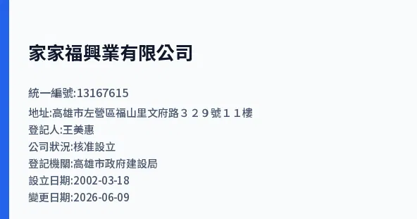 家家福興業有限公司的照片-統編 13167615(高雄市) 公司登記資料與營業項目詳細圖表