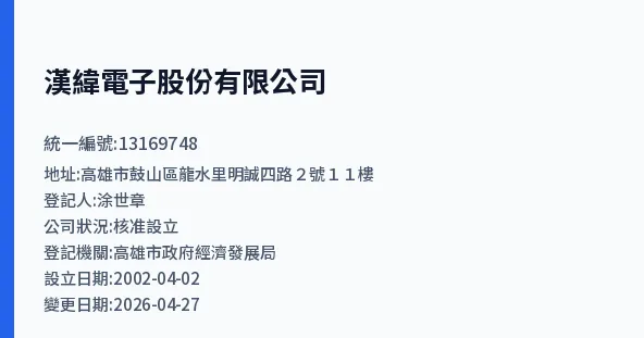 漢緯電子股份有限公司的照片-統編 13169748(高雄市) 公司登記資料與營業項目詳細圖表