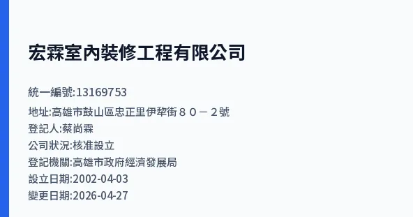 宏霖室內裝修工程有限公司的照片-統編 13169753(高雄市) 公司登記資料與營業項目詳細圖表