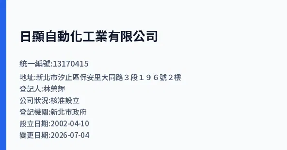 日顯自動化工業有限公司的照片-統編 13170415(新北市) 公司登記資料與營業項目詳細圖表