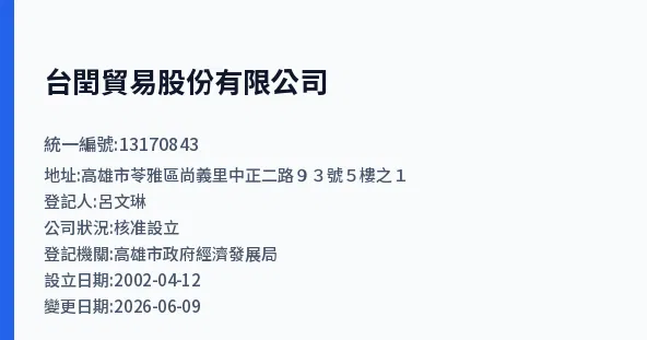 台閏貿易股份有限公司的照片-統編 13170843(高雄市) 公司登記資料與營業項目詳細圖表