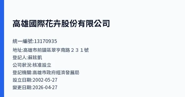 高雄國際花卉股份有限公司的照片-統編 13170935(高雄市) 公司登記資料與營業項目詳細圖表