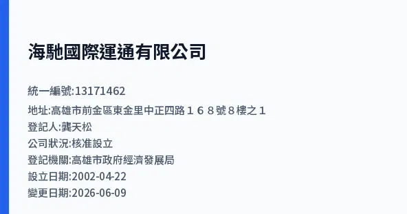 海馳國際運通有限公司的照片-統編 13171462(高雄市) 公司登記資料與營業項目詳細圖表