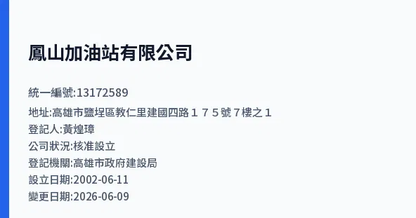 鳳山加油站有限公司的照片-統編 13172589(高雄市) 公司登記資料與營業項目詳細圖表