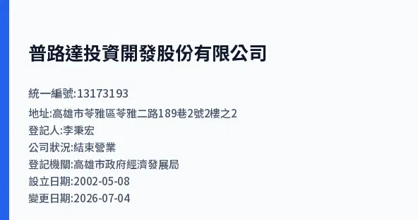普路達投資開發股份有限公司的照片-統編 13173193(高雄市) 公司登記資料與營業項目詳細圖表