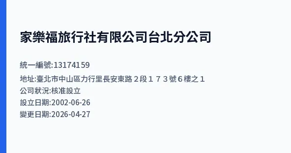 家樂福旅行社有限公司台北分公司的照片-統編 13174159(臺北市) 公司登記資料與營業項目詳細圖表