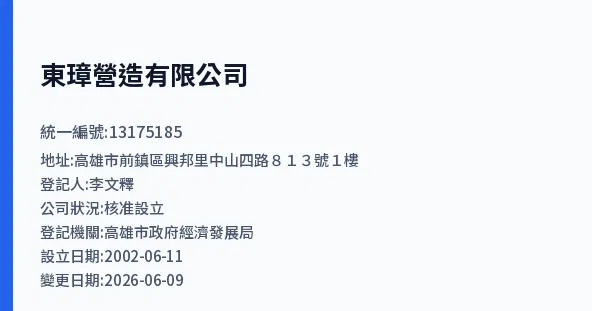 東璋營造有限公司的照片-統編 13175185(高雄市) 公司登記資料與營業項目詳細圖表
