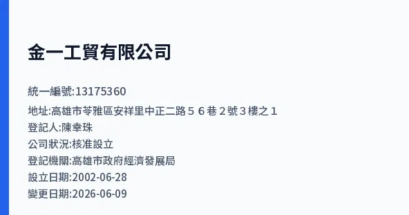 金一工貿有限公司的照片-統編 13175360(高雄市) 公司登記資料與營業項目詳細圖表