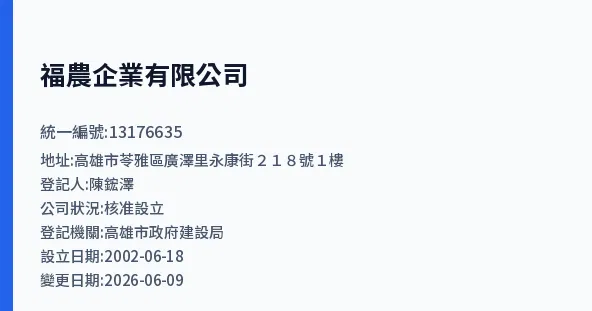 福農企業有限公司的照片-統編 13176635(高雄市) 公司登記資料與營業項目詳細圖表