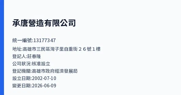 承唐營造有限公司的照片-統編 13177347(高雄市) 公司登記資料與營業項目詳細圖表