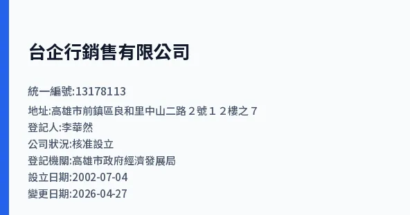 台企行銷售有限公司的照片-統編 13178113(高雄市) 公司登記資料與營業項目詳細圖表