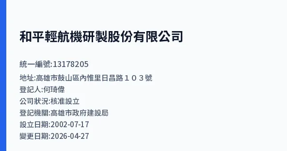 和平輕航機研製股份有限公司的照片-統編 13178205(高雄市) 公司登記資料與營業項目詳細圖表
