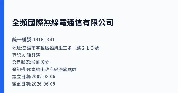 全頻國際無線電通信有限公司的照片-統編 13181341(高雄市) 公司登記資料與營業項目詳細圖表