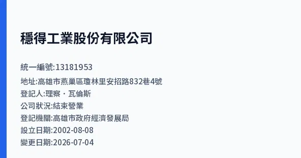 穩得工業股份有限公司的照片-統編 13181953(高雄市) 公司登記資料與營業項目詳細圖表