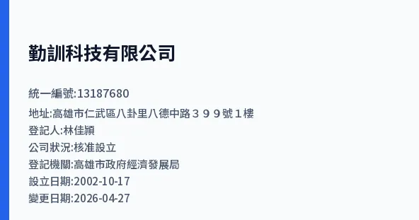 勤訓科技有限公司的照片-統編 13187680(高雄市) 公司登記資料與營業項目詳細圖表