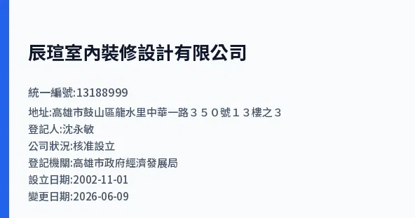 辰瑄室內裝修設計有限公司的照片-統編 13188999(高雄市) 公司登記資料與營業項目詳細圖表