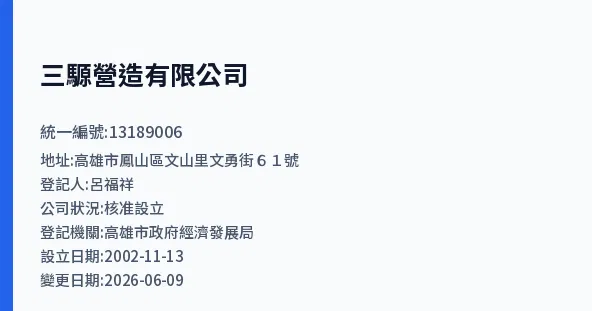 三騵營造有限公司的照片-統編 13189006(高雄市) 公司登記資料與營業項目詳細圖表