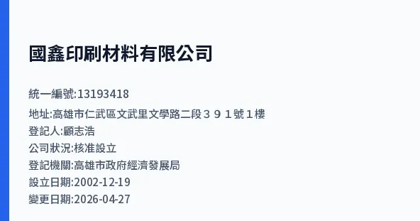 國鑫印刷材料有限公司的照片-統編 13193418(高雄市) 公司登記資料與營業項目詳細圖表