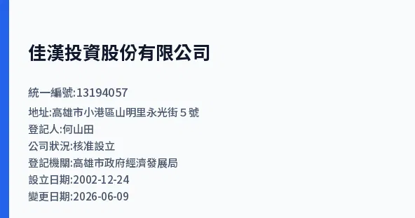 佳漢投資股份有限公司的照片-統編 13194057(高雄市) 公司登記資料與營業項目詳細圖表