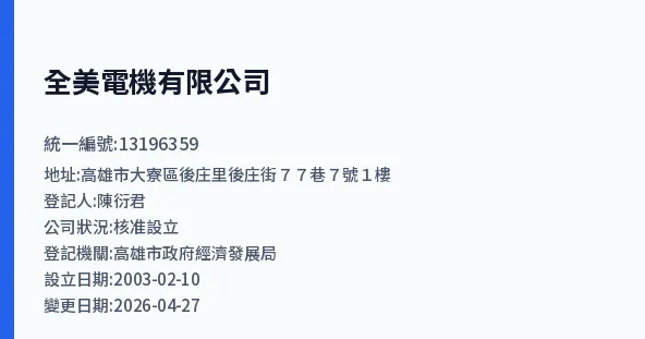 全美電機有限公司的照片-統編 13196359(高雄市) 公司登記資料與營業項目詳細圖表