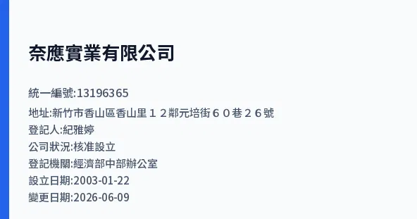 奈應實業有限公司的照片-統編 13196365(新竹市) 公司登記資料與營業項目詳細圖表