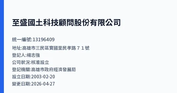 至盛國土科技顧問股份有限公司的照片-統編 13196409(高雄市) 公司登記資料與營業項目詳細圖表