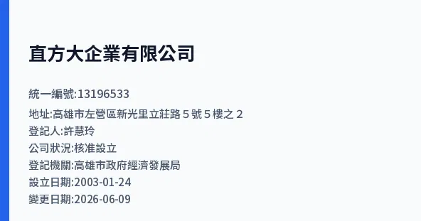 直方大企業有限公司的照片-統編 13196533(高雄市) 公司登記資料與營業項目詳細圖表