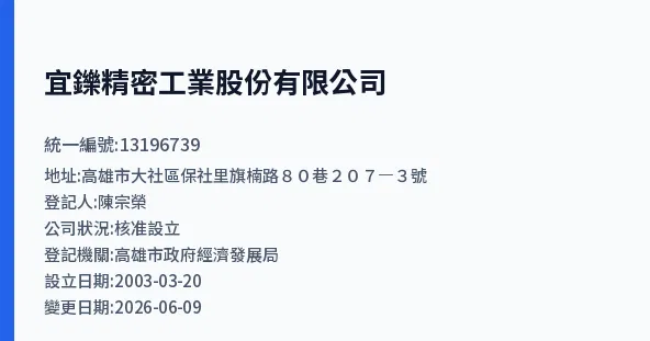 宜鑠精密工業股份有限公司的照片-統編 13196739(高雄市) 公司登記資料與營業項目詳細圖表