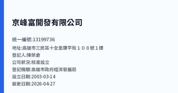京峰富開發有限公司的照片-統編 13199736(高雄市) 公司登記資料與營業項目詳細圖表