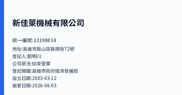 新佳萊機械有限公司的照片-統編 13199834(高雄市) 公司登記資料與營業項目詳細圖表