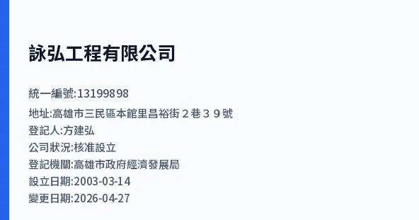 詠弘工程有限公司的照片-統編 13199898(高雄市) 公司登記資料與營業項目詳細圖表