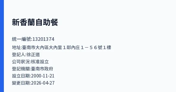 新香蘭自助餐的照片-統編 13201374(臺南市) 公司登記資料與營業項目詳細圖表