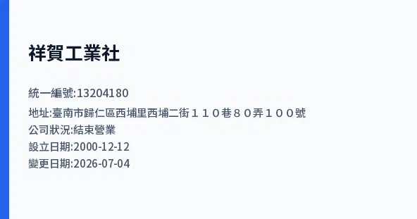祥賀工業社的照片-統編 13204180(臺南市) 公司登記資料與營業項目詳細圖表