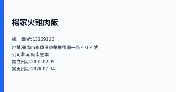楊家火雞肉飯的照片-統編 13209116(臺南市) 公司登記資料與營業項目詳細圖表