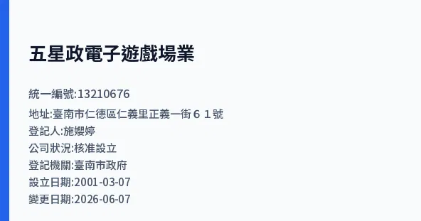 五星政電子遊戲場業的照片-統編 13210676(臺南市) 公司登記資料與營業項目詳細圖表