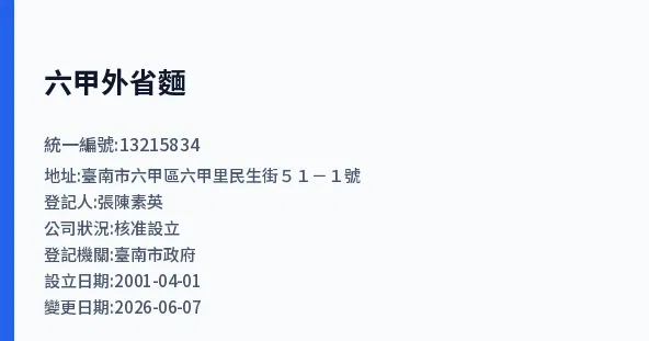 六甲外省麵的照片-統編 13215834(臺南市) 公司登記資料與營業項目詳細圖表