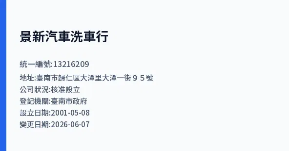 景新汽車洗車行的照片-統編 13216209(臺南市) 公司登記資料與營業項目詳細圖表