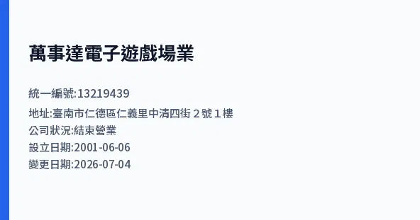 萬事達電子遊戲場業的照片-統編 13219439(臺南市) 公司登記資料與營業項目詳細圖表