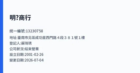 明?商行的照片-統編 13230758(臺南市) 公司登記資料與營業項目詳細圖表
