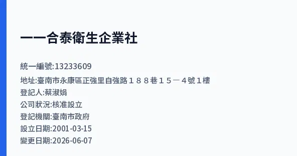 一一合泰衛生企業社的照片-統編 13233609(臺南市) 公司登記資料與營業項目詳細圖表