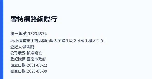 雪特網路網際行的照片-統編 13234874(臺南市) 公司登記資料與營業項目詳細圖表
