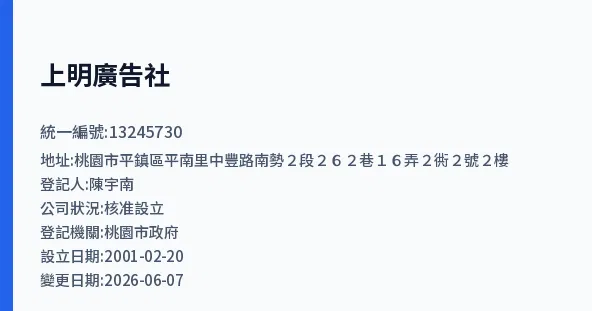 上明廣告社的照片-統編 13245730(桃園市) 公司登記資料與營業項目詳細圖表
