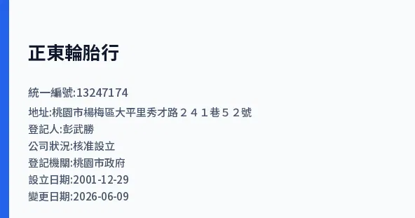 正東輪胎行的照片-統編 13247174(桃園市) 公司登記資料與營業項目詳細圖表