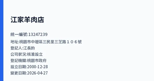 江家羊肉店的照片-統編 13247239(桃園市) 公司登記資料與營業項目詳細圖表