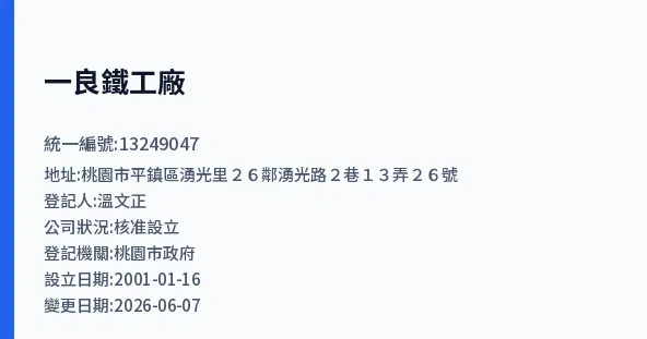 一良鐵工廠的照片-統編 13249047(桃園市) 公司登記資料與營業項目詳細圖表